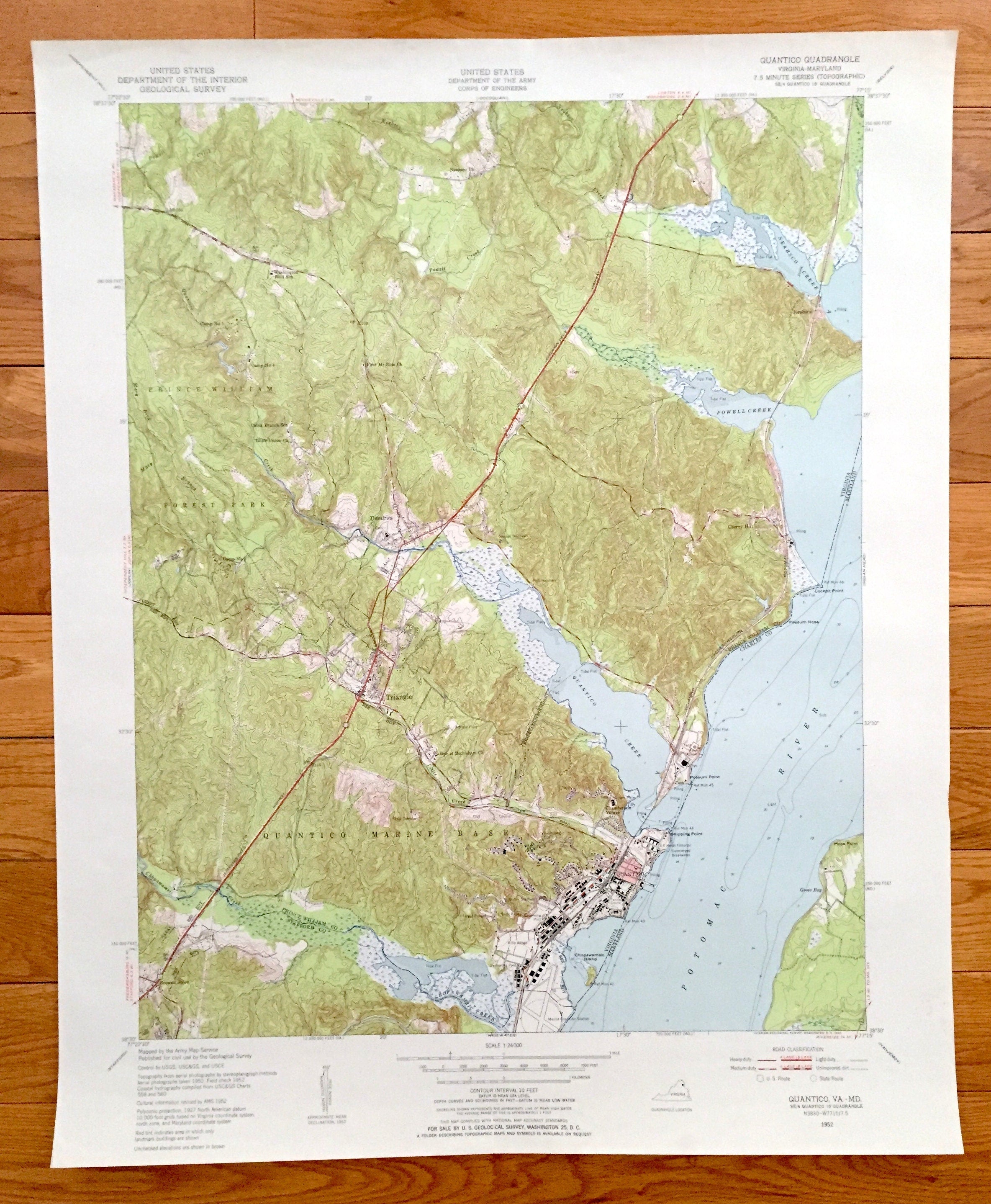 Antique Quantico, Virginia & Maryland 1952 US Geological Survey Topogr ...