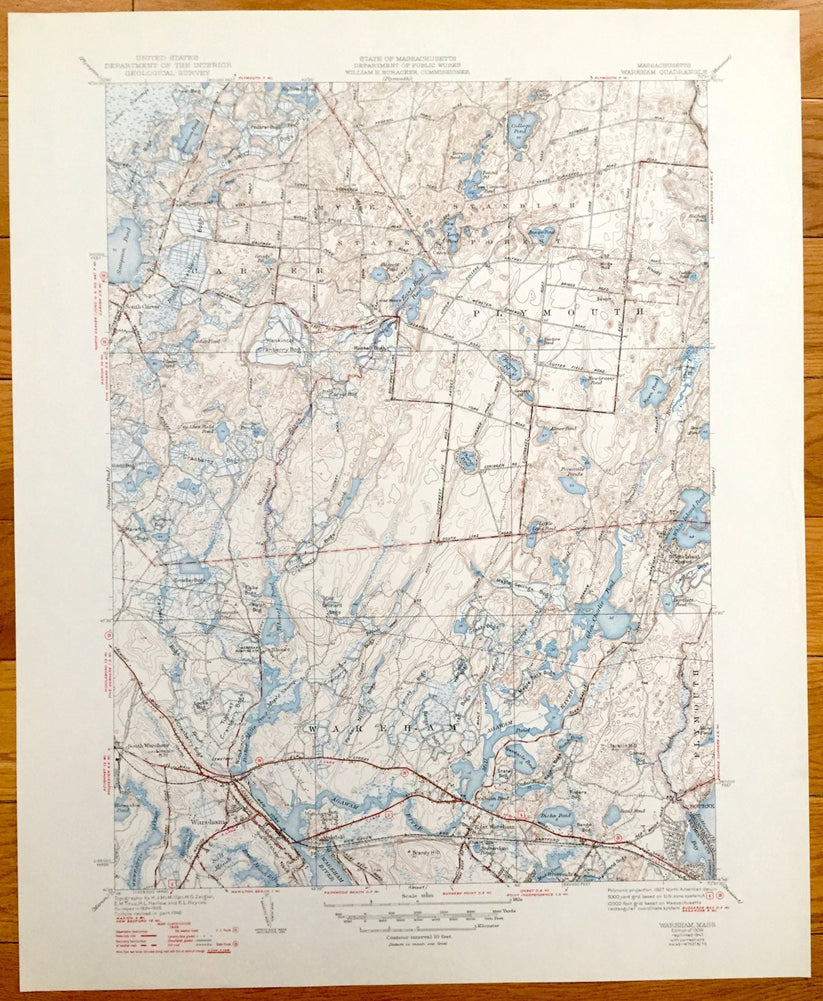 Antique Wareham, Massachusetts 1939 US Geological Survey Topographic M ...