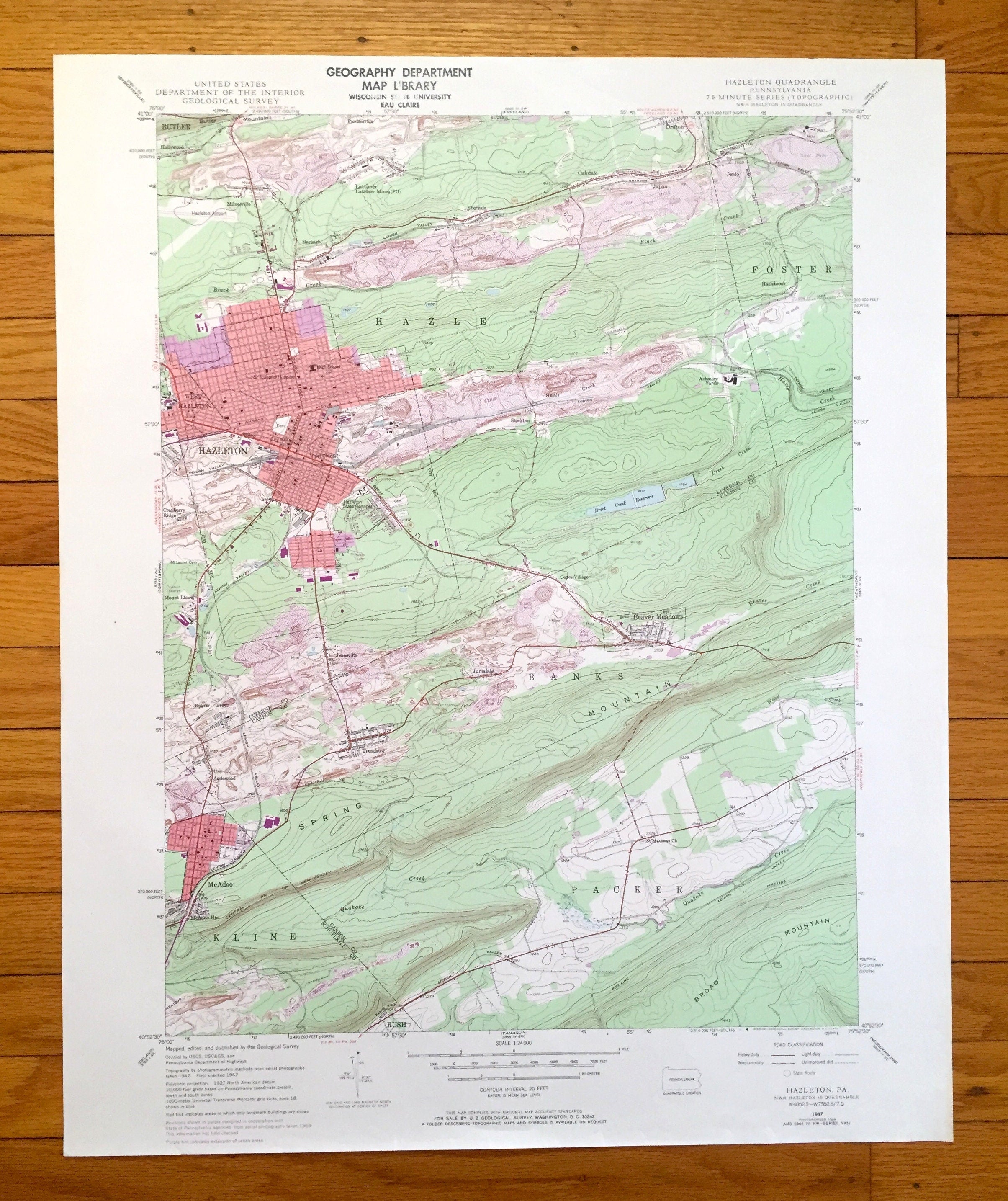 Antique Hazleton, Pennsylvania 1947 US Geological Survey Topographic M ...